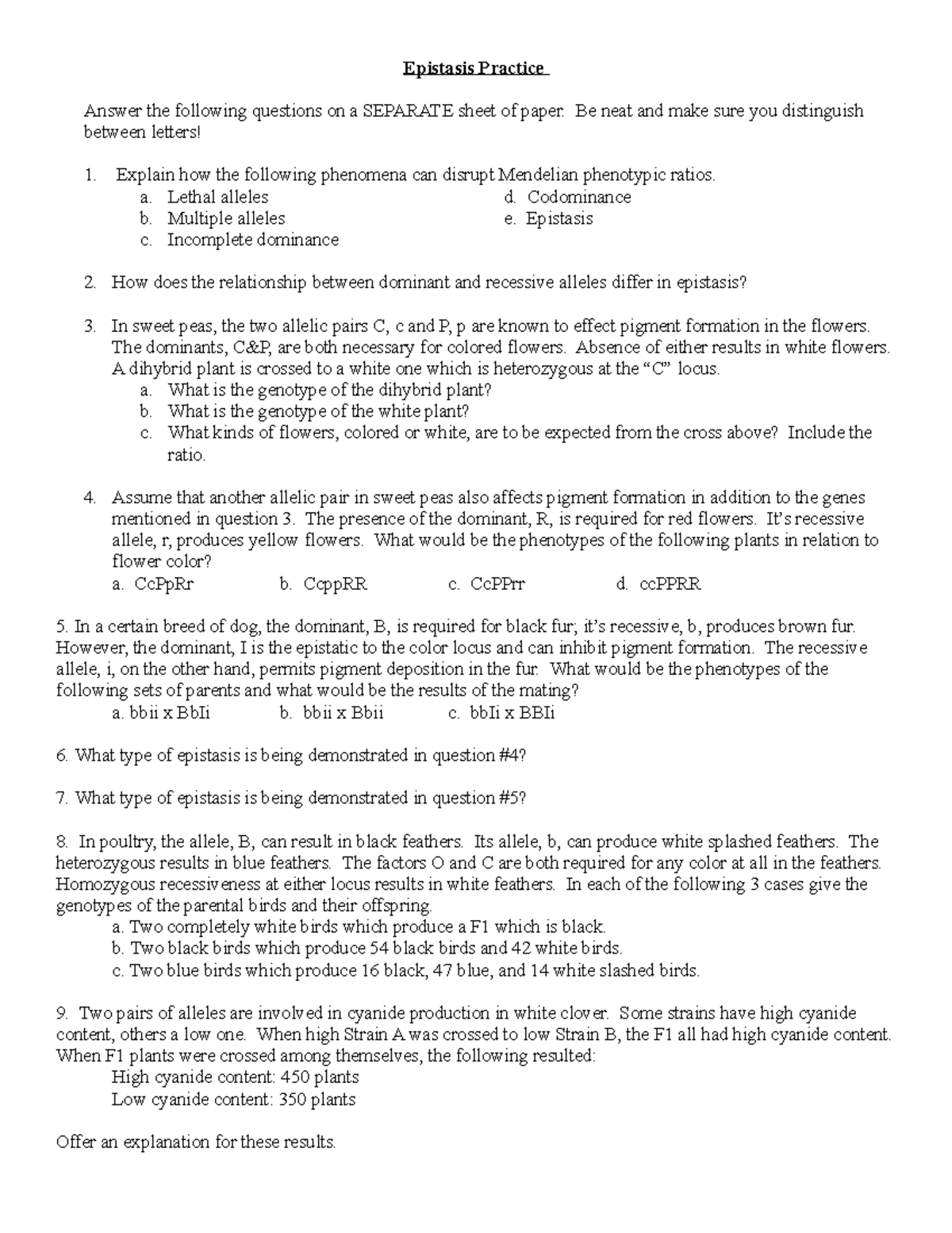 Epistasis Practice - Epistasis Practice Answer the following questions ...