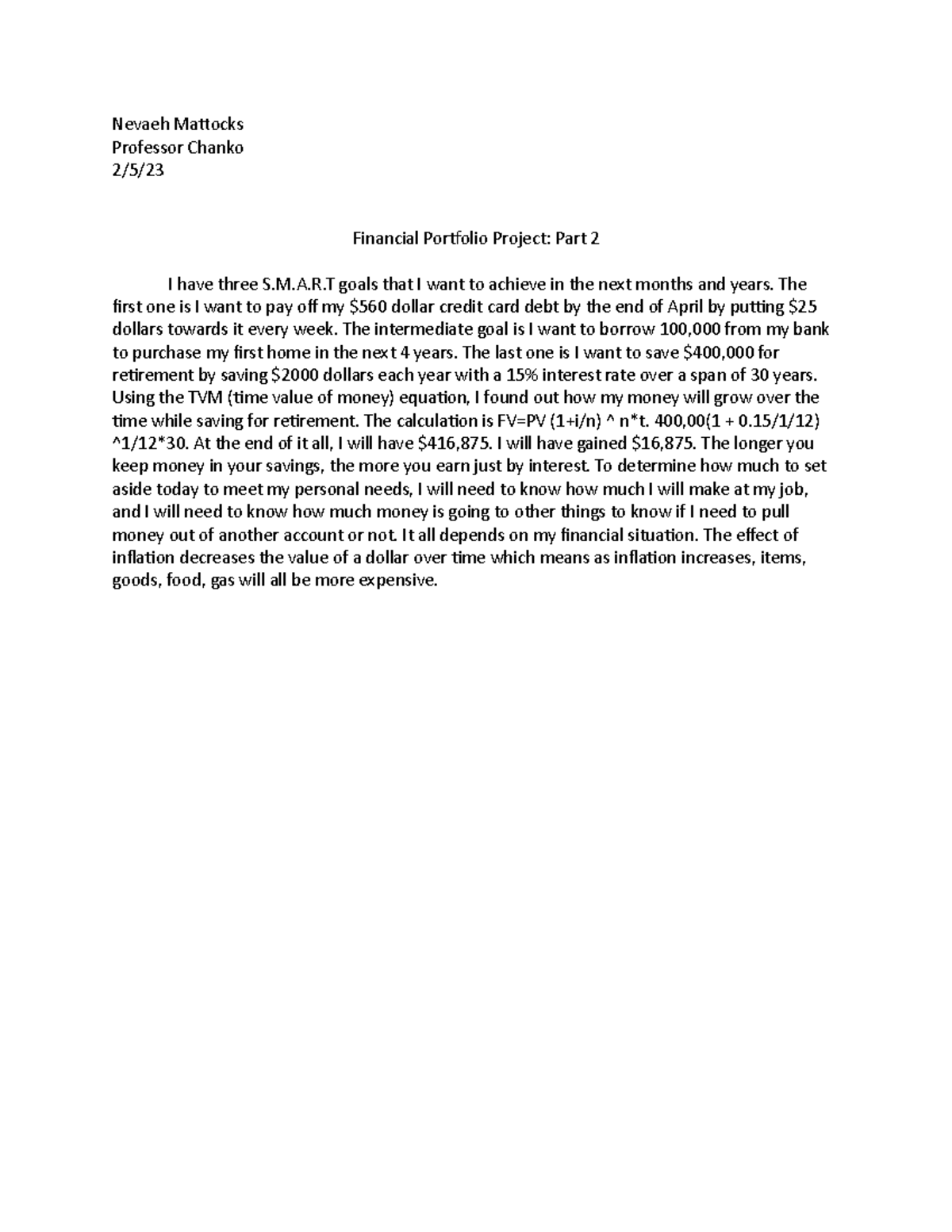 Financial Portfolio Project- Part 2 - Nevaeh Mattocks Professor Chanko ...