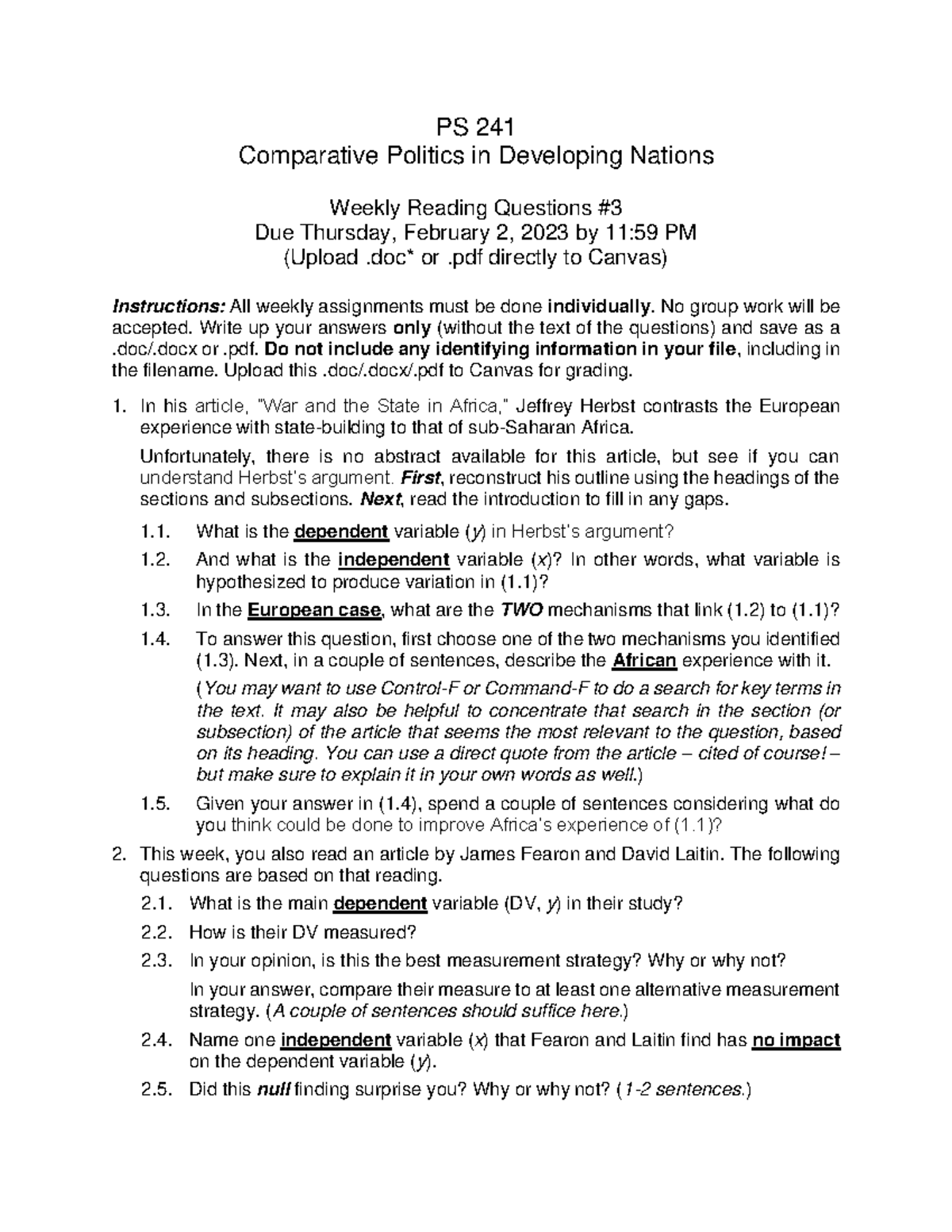 PS 241 Week 3 Reading Questions - PS 241 Comparative Politics in ...