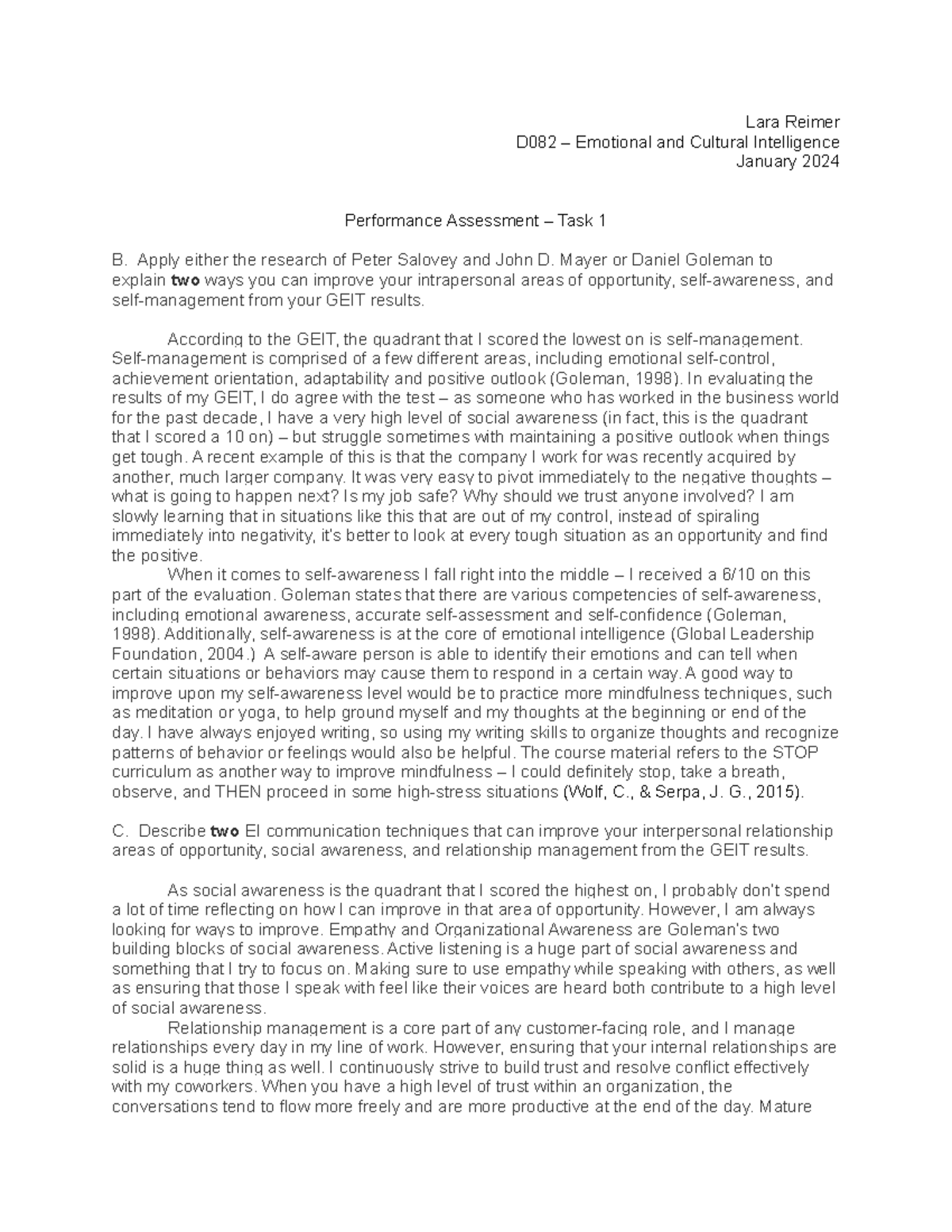 Lara Reimer - D082 - PA Task 1 - Lara Reimer D082 – Emotional and ...