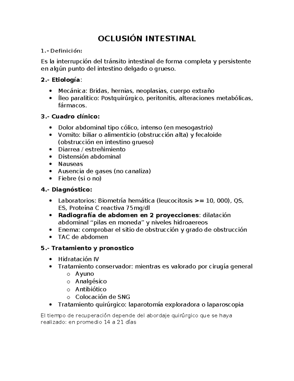 Oclusión Intestinal - OCLUSIÓN INTESTINAL 1.- Definición: Es la ...