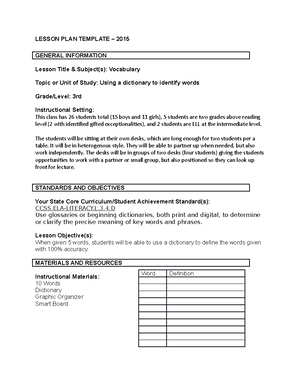 C909 Task 1 - Task 1 lesson plan. Passed on first try. - GENERAL INFORMATION Lesson Title ...