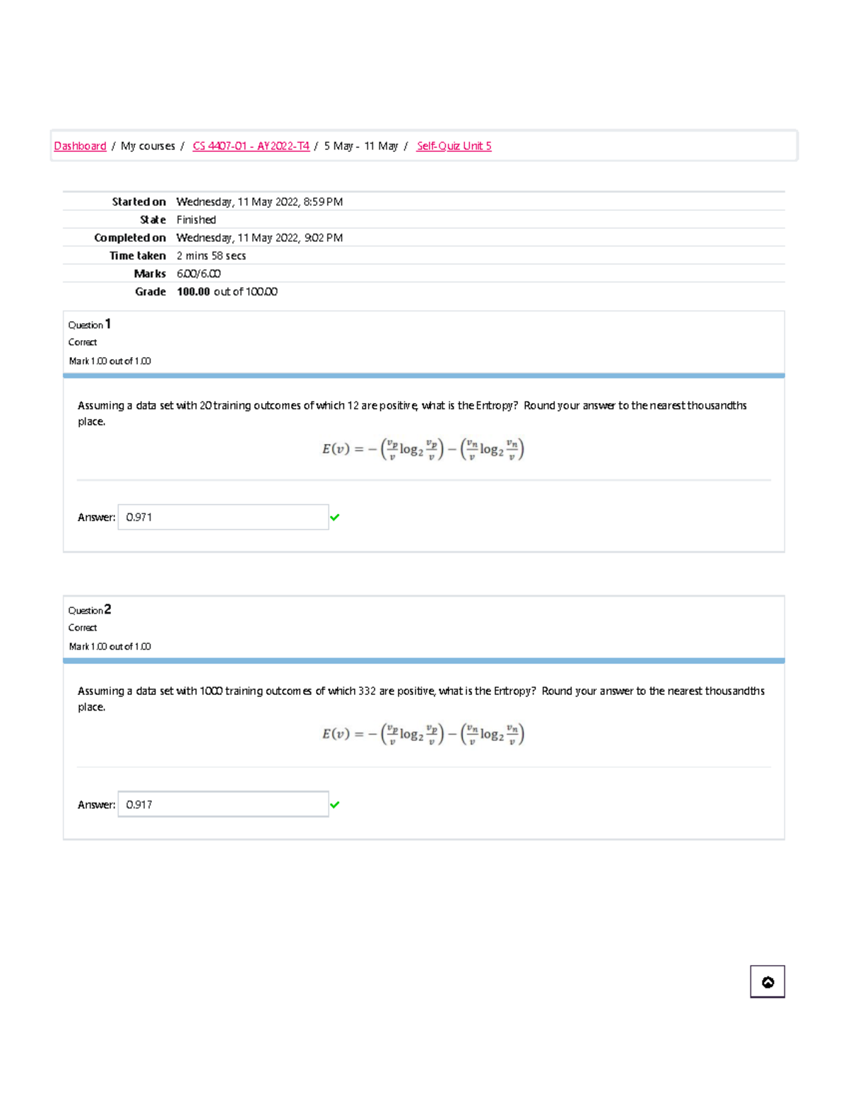 Quiz5 - Unit 5 Practice Quiz, 100% - Started on Wednesday, 11 May 2022 ...