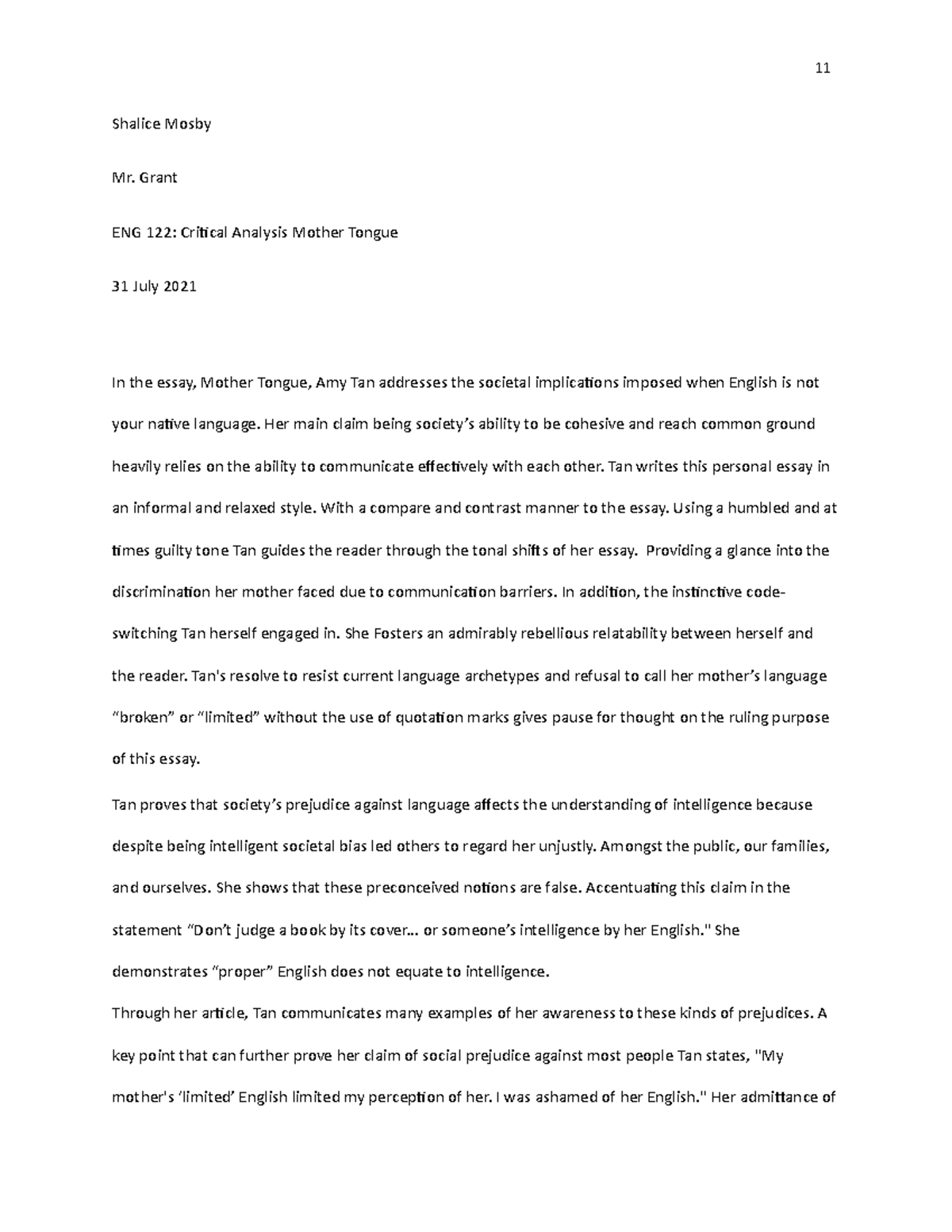 Critical analysis 7-3 eng 122 - 11 Shalice Mosby Mr. Grant ENG 122 ...
