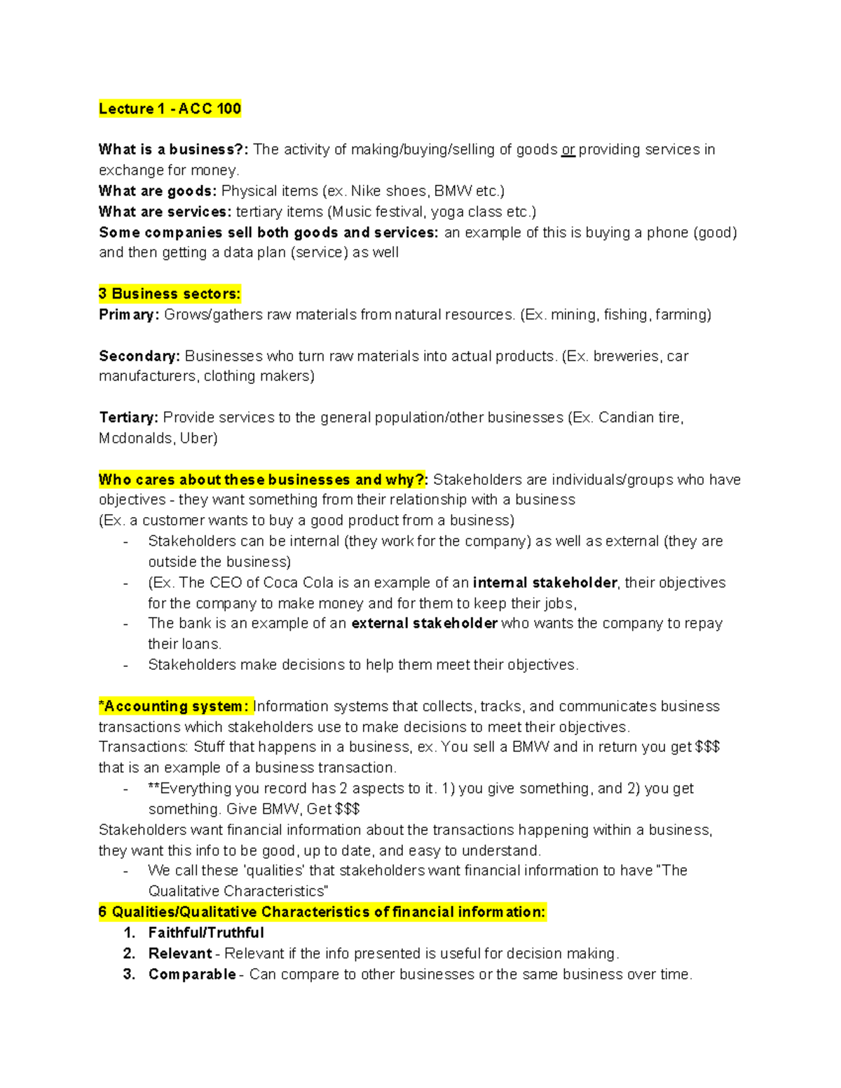Accounting 100 lecture 1 notes - Lecture 1 - ACC 100 What is a business ...
