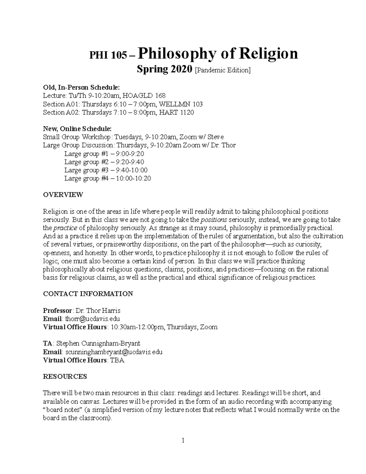 PHI 105 S20 Syllabus - PHI 105 – Philosophy of Religion Spring 2020 ...
