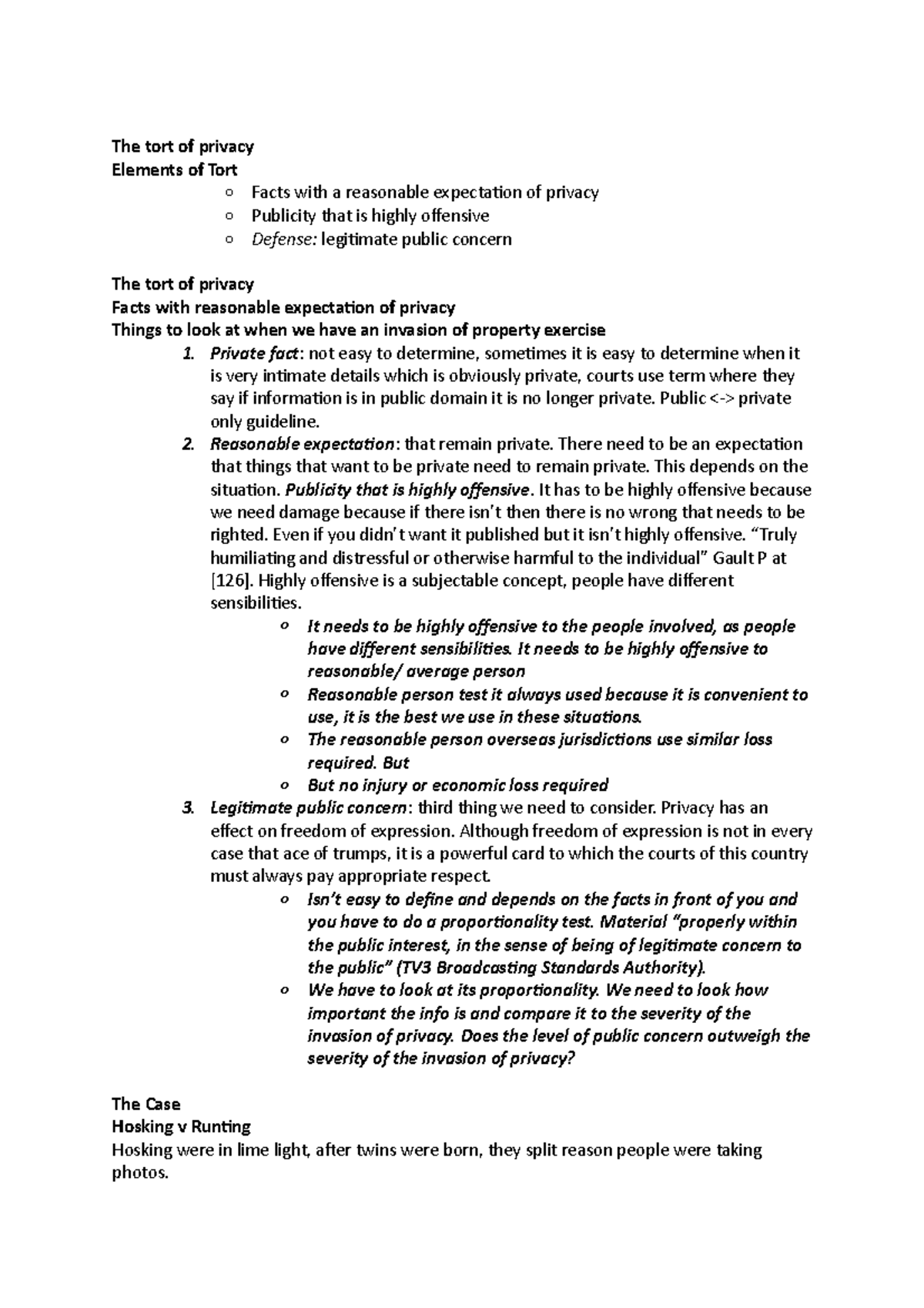 Case law tort of privacy - The tort of privacy Elements of Tort o Facts ...