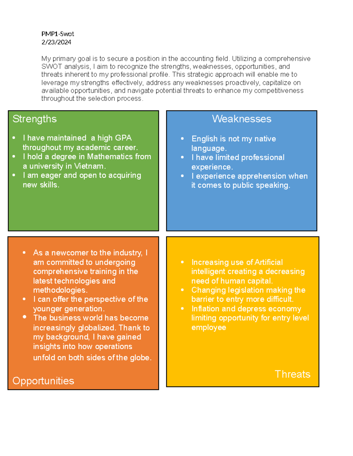 PMP1 - PMP1-Swot 2/23/ My primary goal is to secure a position in the ...
