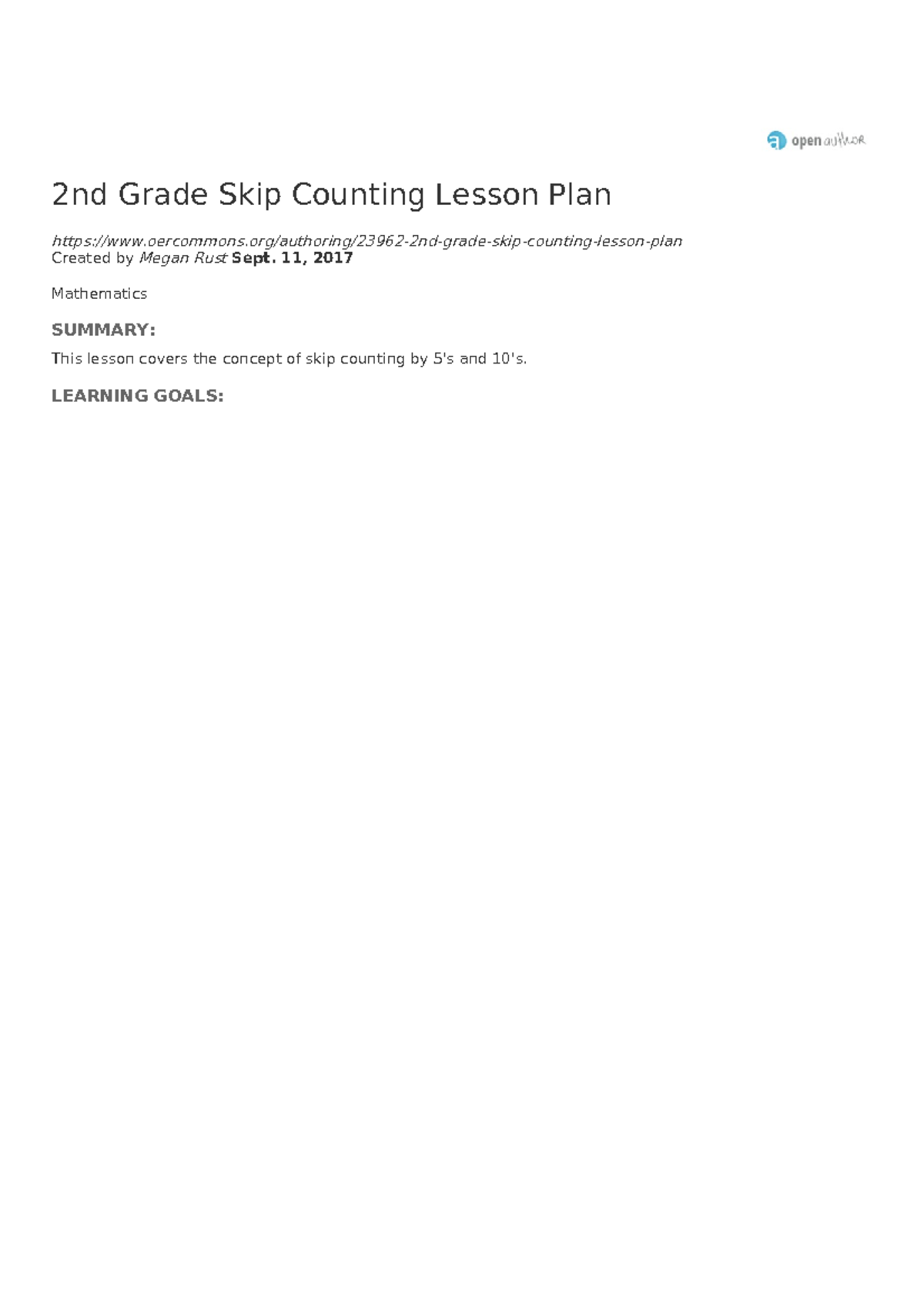 2nd Grade Skip Counting Lesson Plan 2nd Grade Skip Counting Lesson