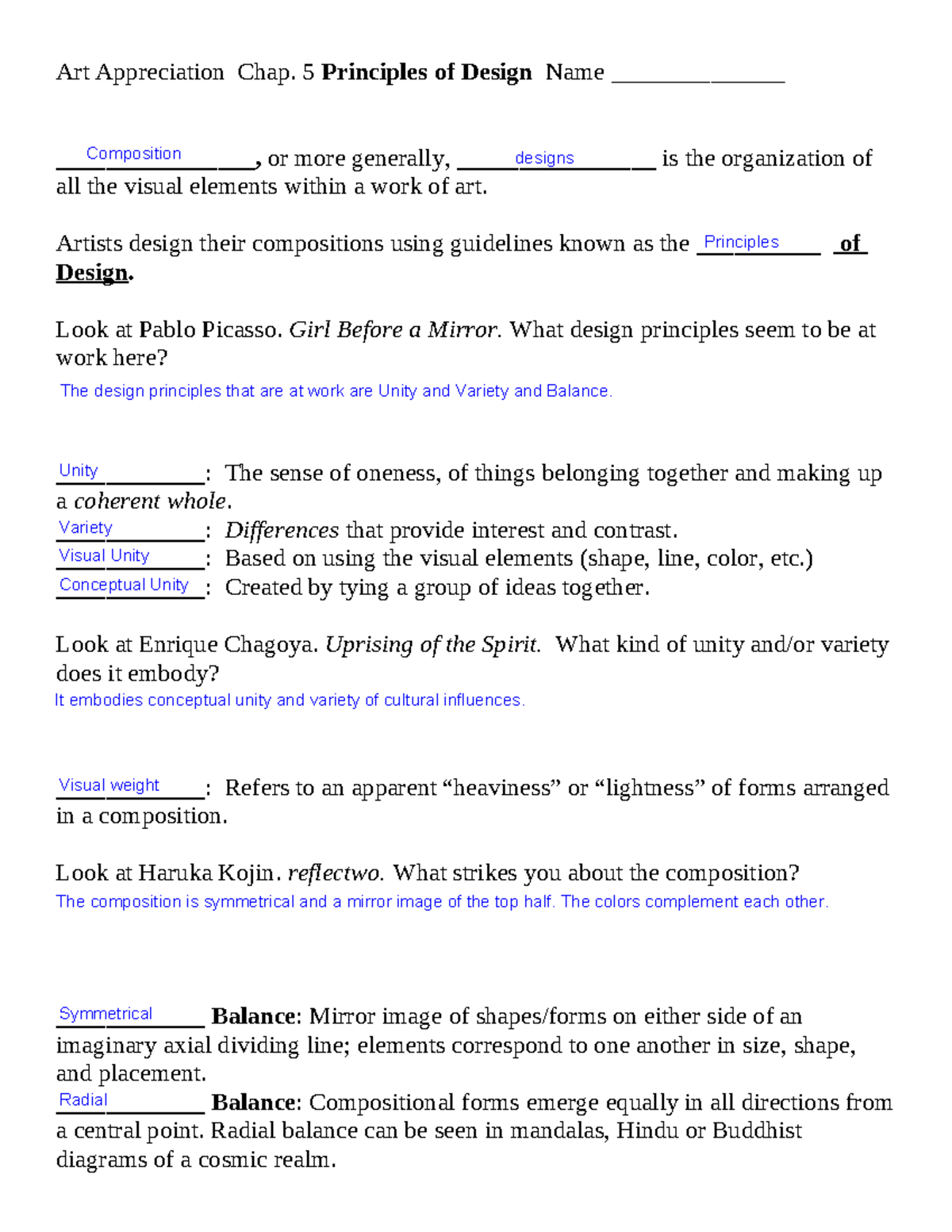 Art Appreciation Q. Chap 5 - Art Appreciation Chap. 5 Principles of ...