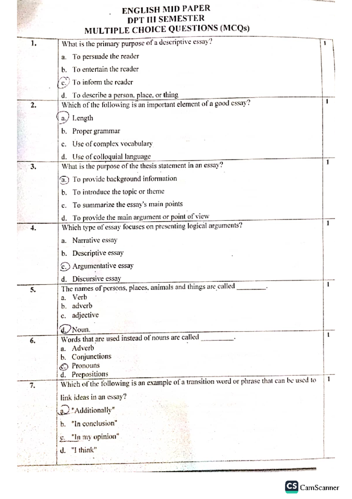 English 3rd Mid Term - ENGLISH MID PAPER DPT SEMESTER MULTIPLE CHOICE ...