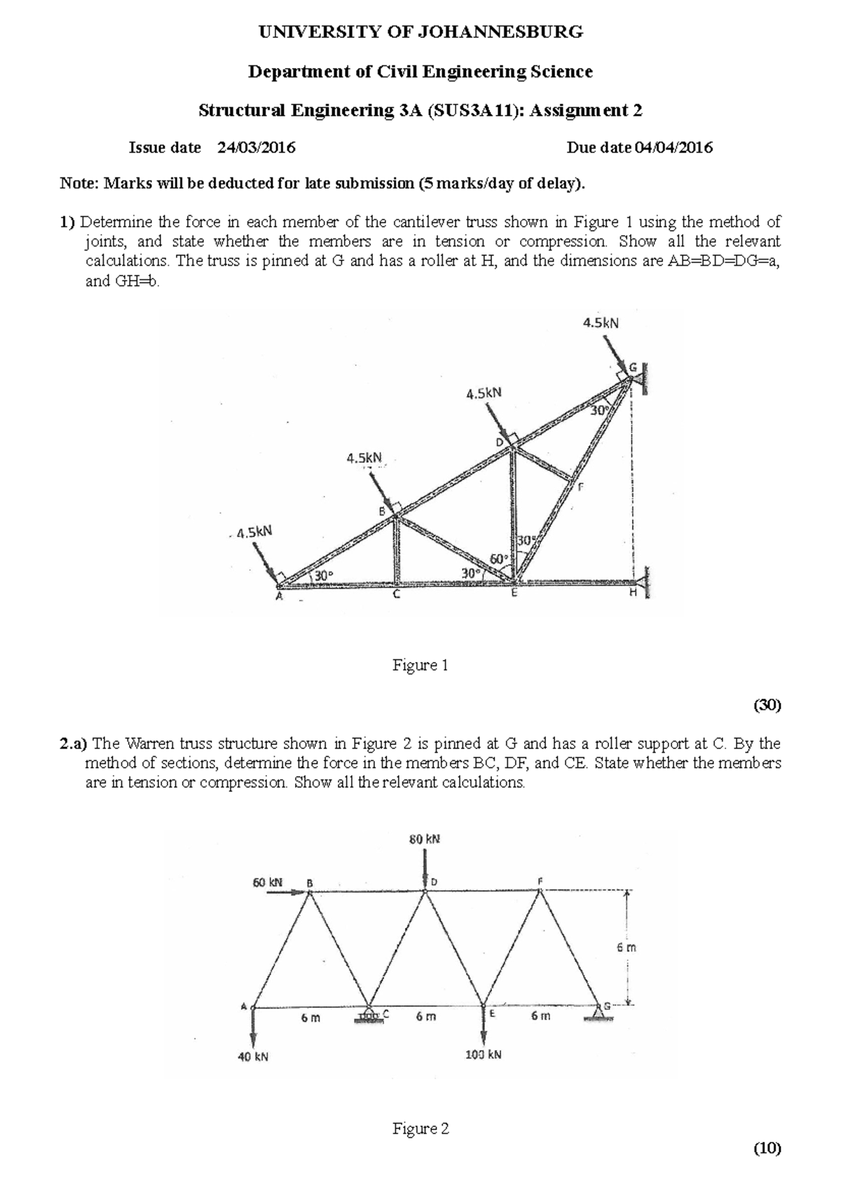 Assignment 2 - 2016 - UNIVERSITY OF JOHANNESBURG Department of Civil ...