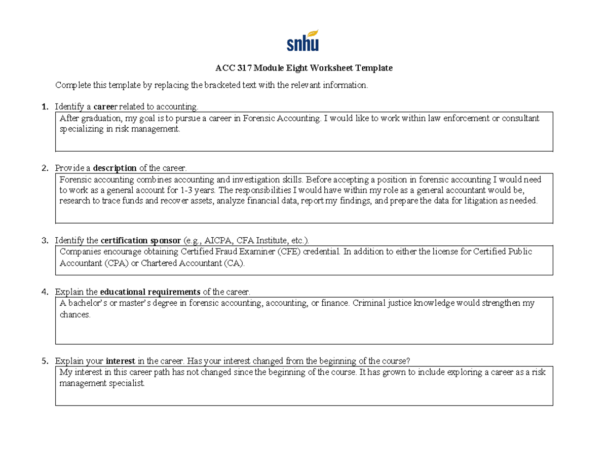 ACC 317 Module Eight Worksheet - Identify a career related to ...