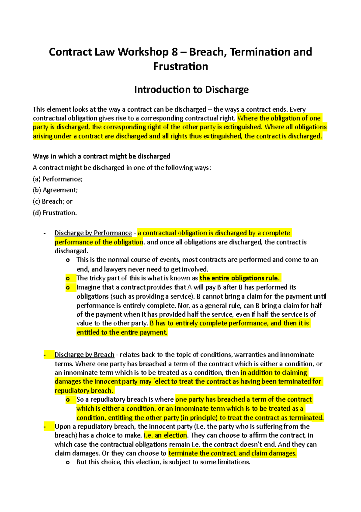 Prepare Work - Contract Law Workshop 8 – Breach, Termination and ...