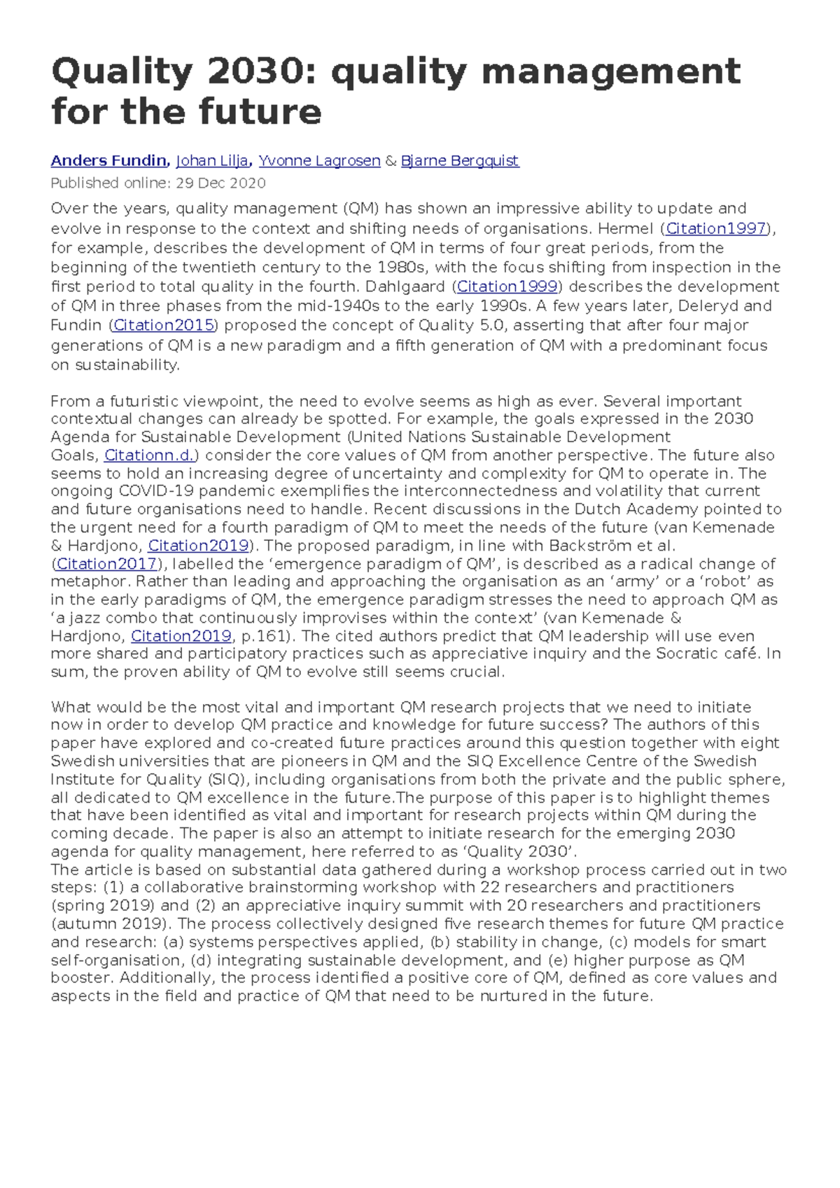 Quality performance - Summary Business Management - Quality 2030 ...