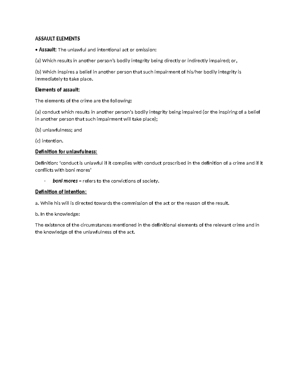 Assault Elements - Summary Criminal Law: Specific Crimes - ASSAULT ...