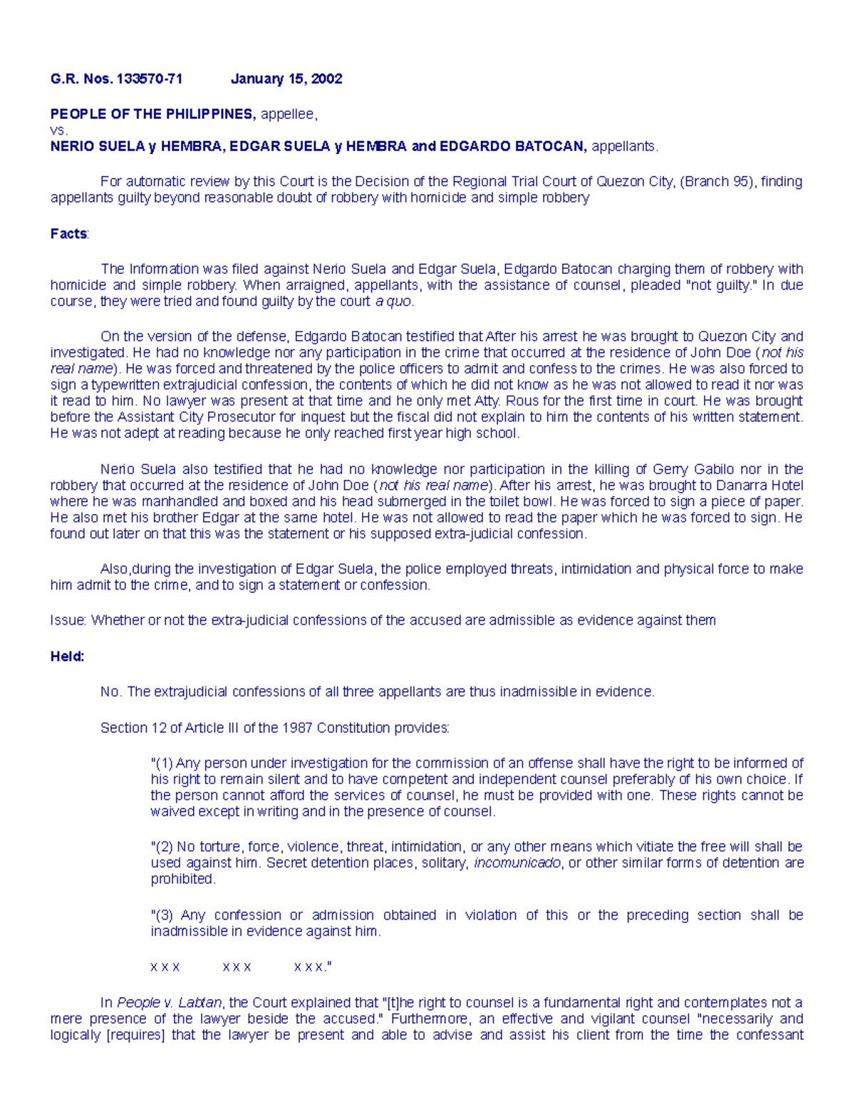 2. People vs Suela - G. Nos. 133570-71 January 15, 2002 PEOPLE OF THE ...
