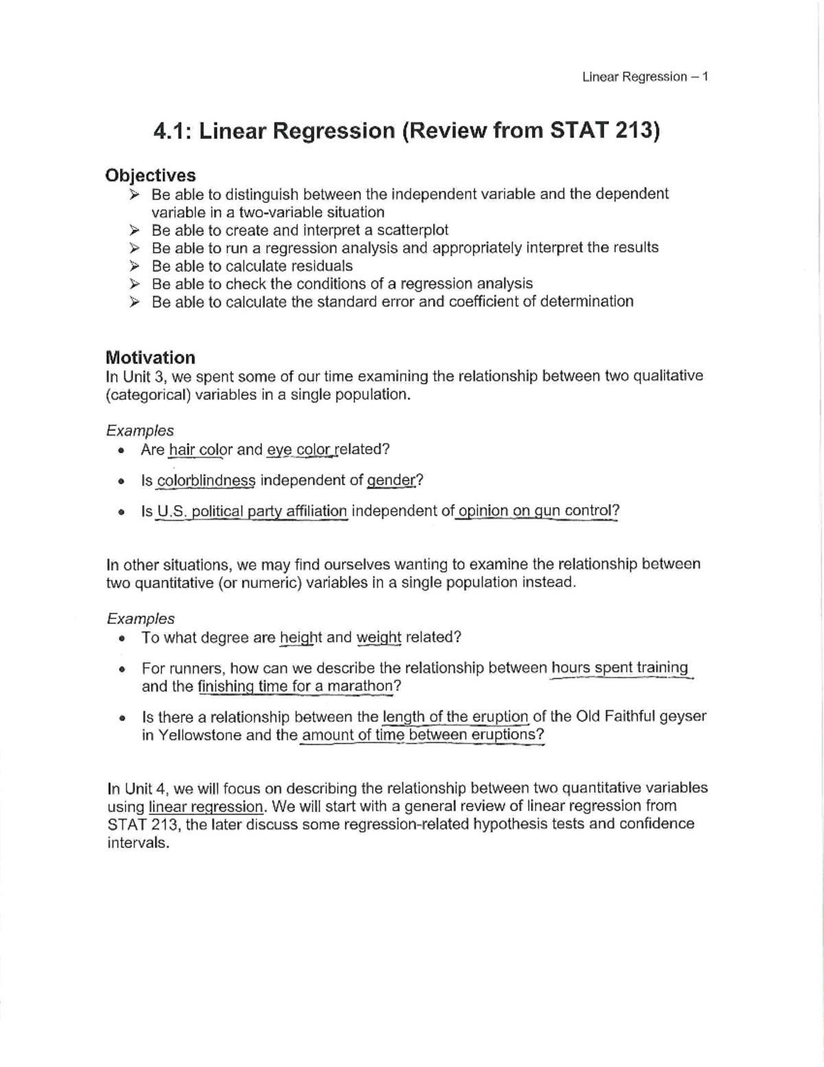 Unit 4 Notes [ Completed] - Linear Regression 1 4: Linear Regression ...