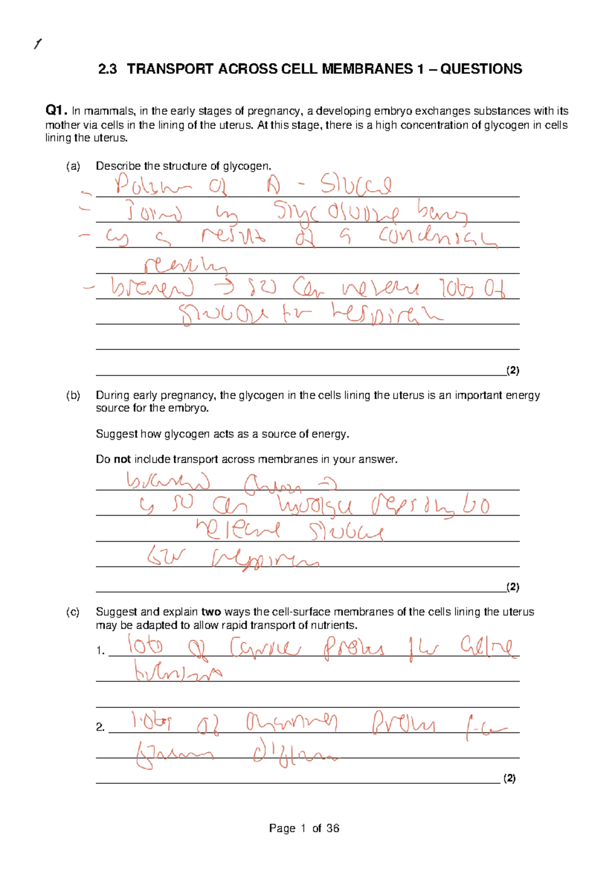 2 - Biology ppq - 2 TRANSPORT ACROSS CELL MEMBRANES 1 – QUESTIONS Q1 ...