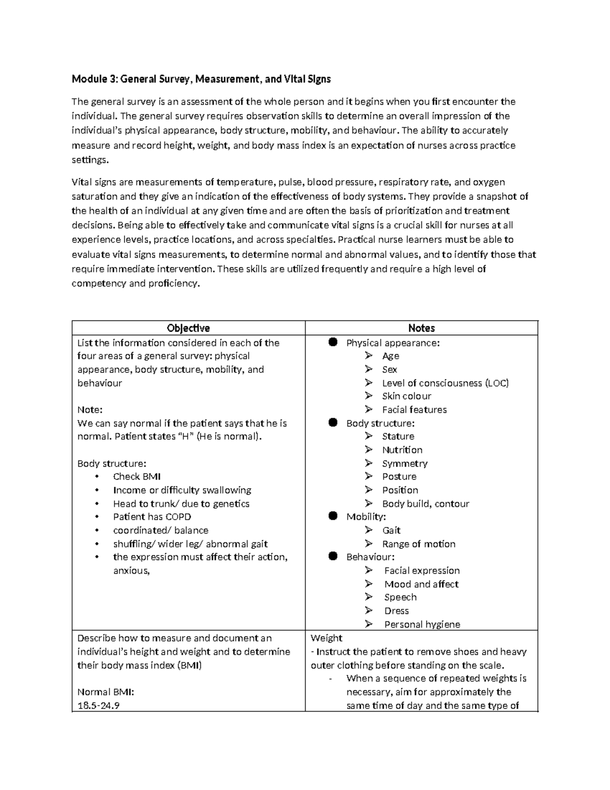 Module 3 General Survey VItal Signs Student Notes - Module 3: General ...
