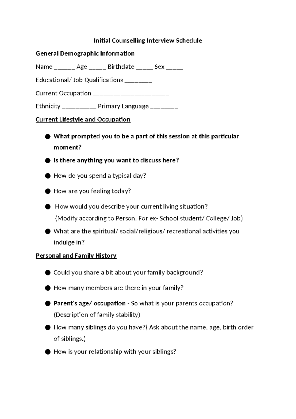 Interview schedule - Initial Counselling Interview Schedule General ...