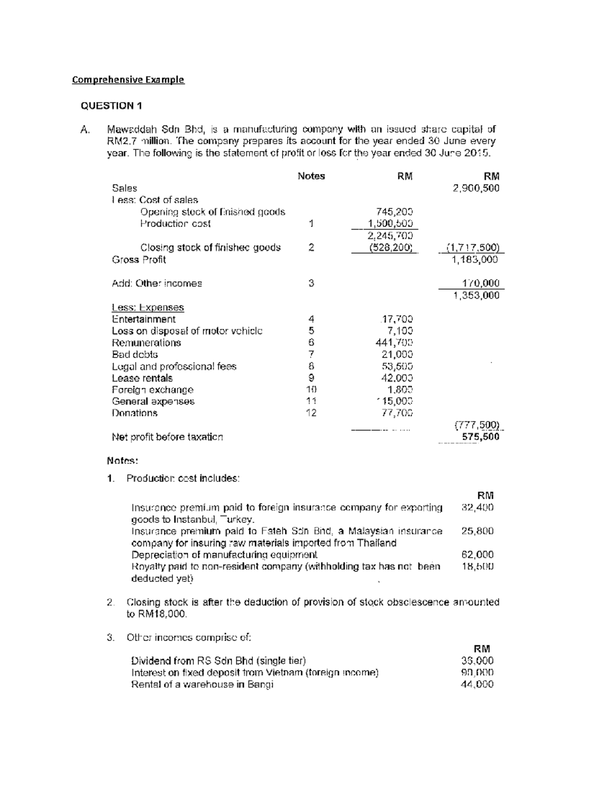 Comprehensive Example of corporate tax - Comprehensive Example SOLUTION ...