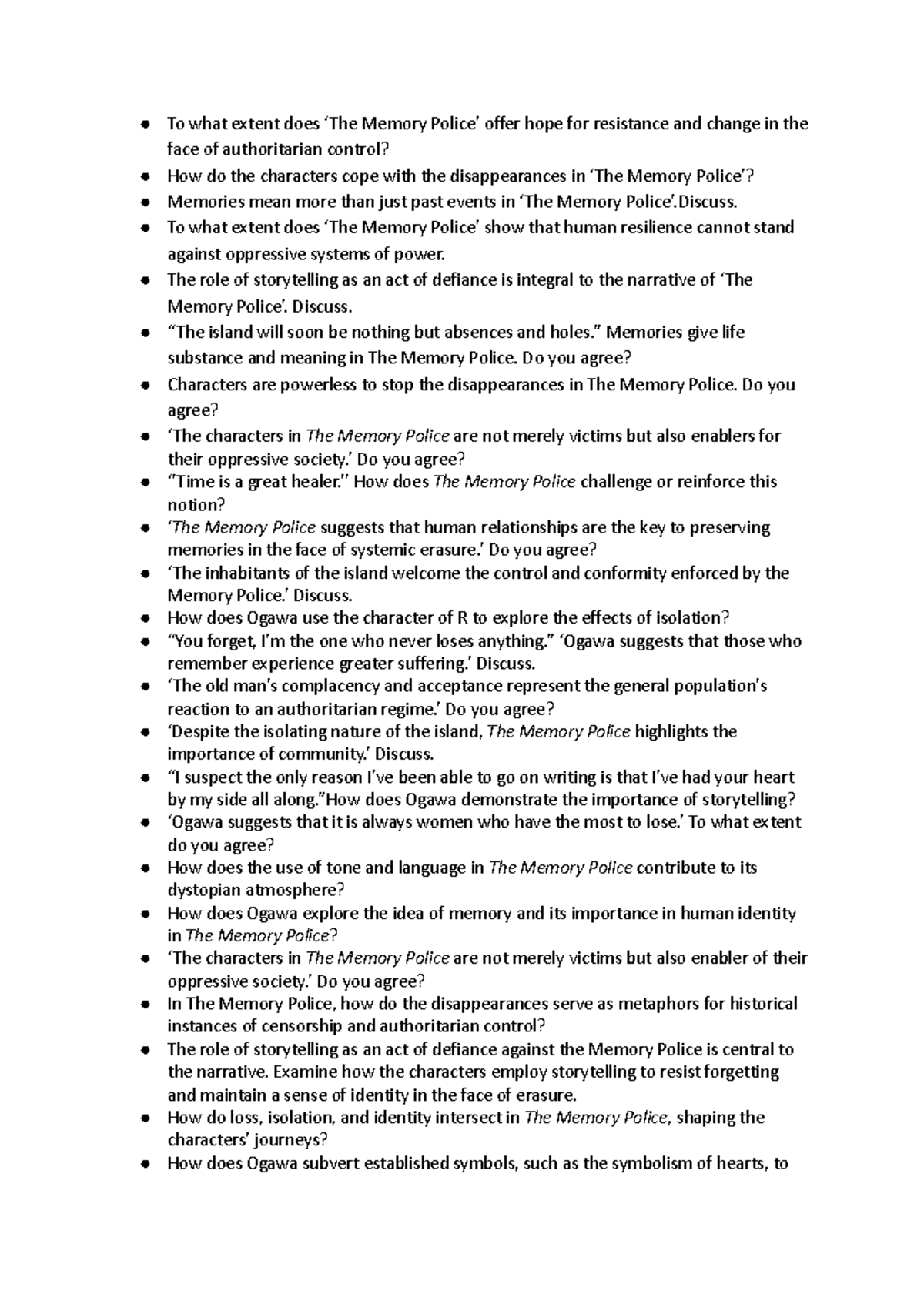 Memory Police essay topics - To what extent does ‘The Memory Police ...