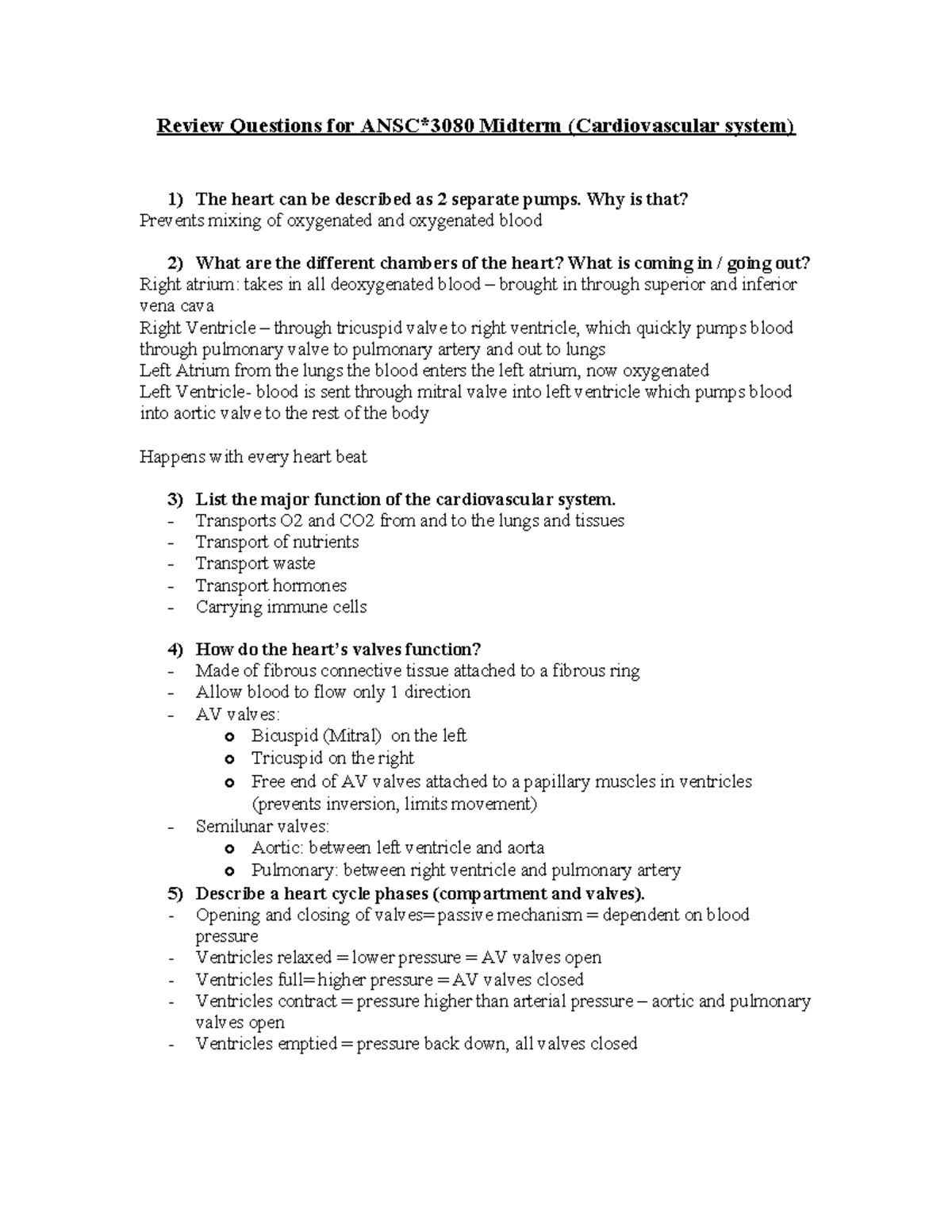 Review Questions Cardiovascular - Review Questions for ANSC*3080 ...