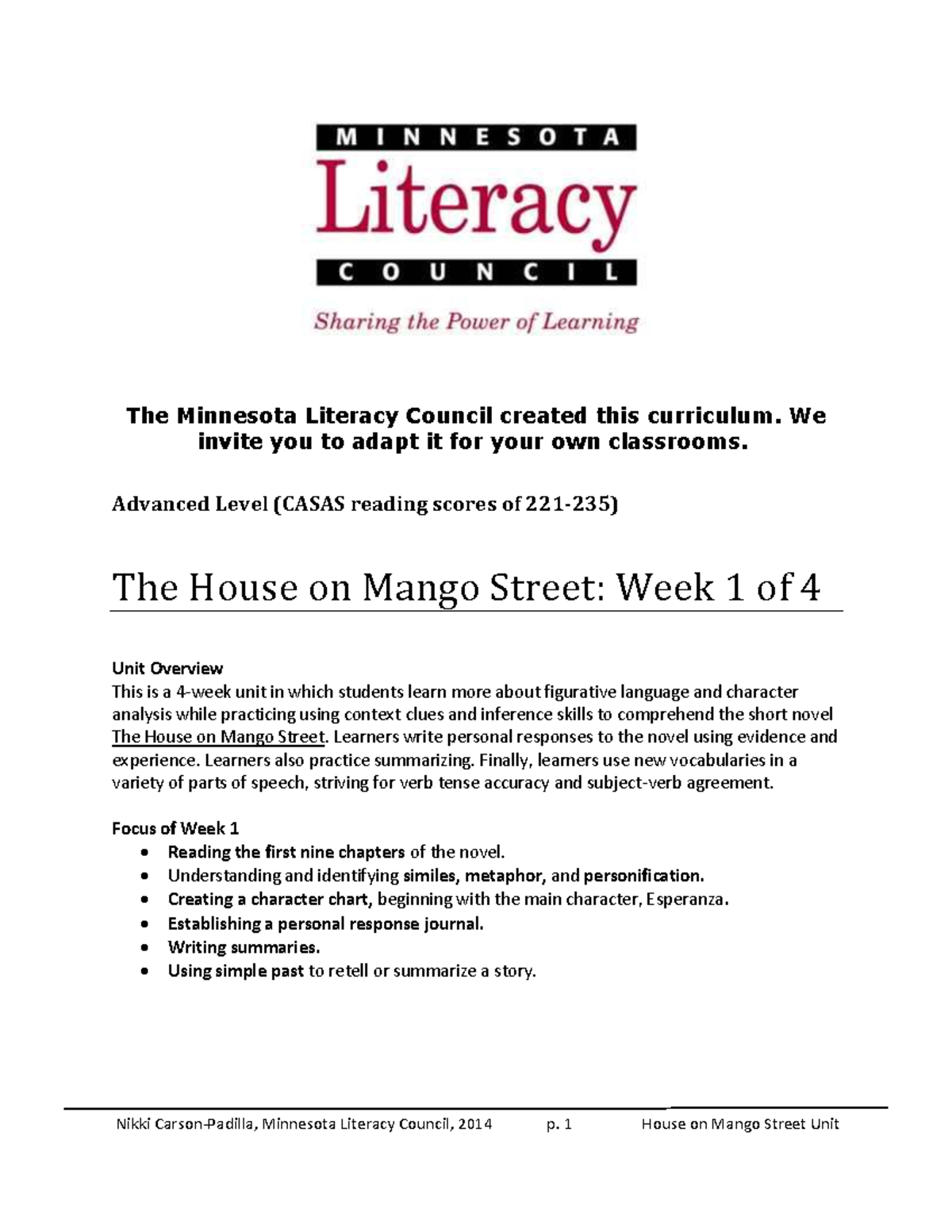 Advanced ESL - The House on Mango Street - Week 1 - The Minnesota ...