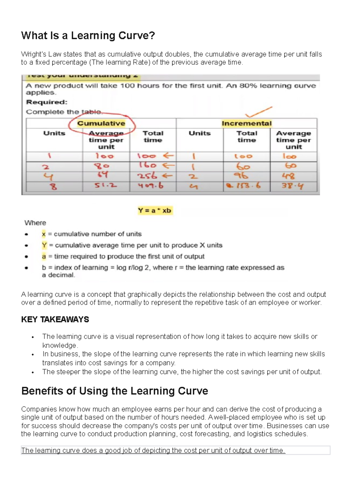 SMA Notes - What Is a Learning Curve? Wright’s Law states that as ...