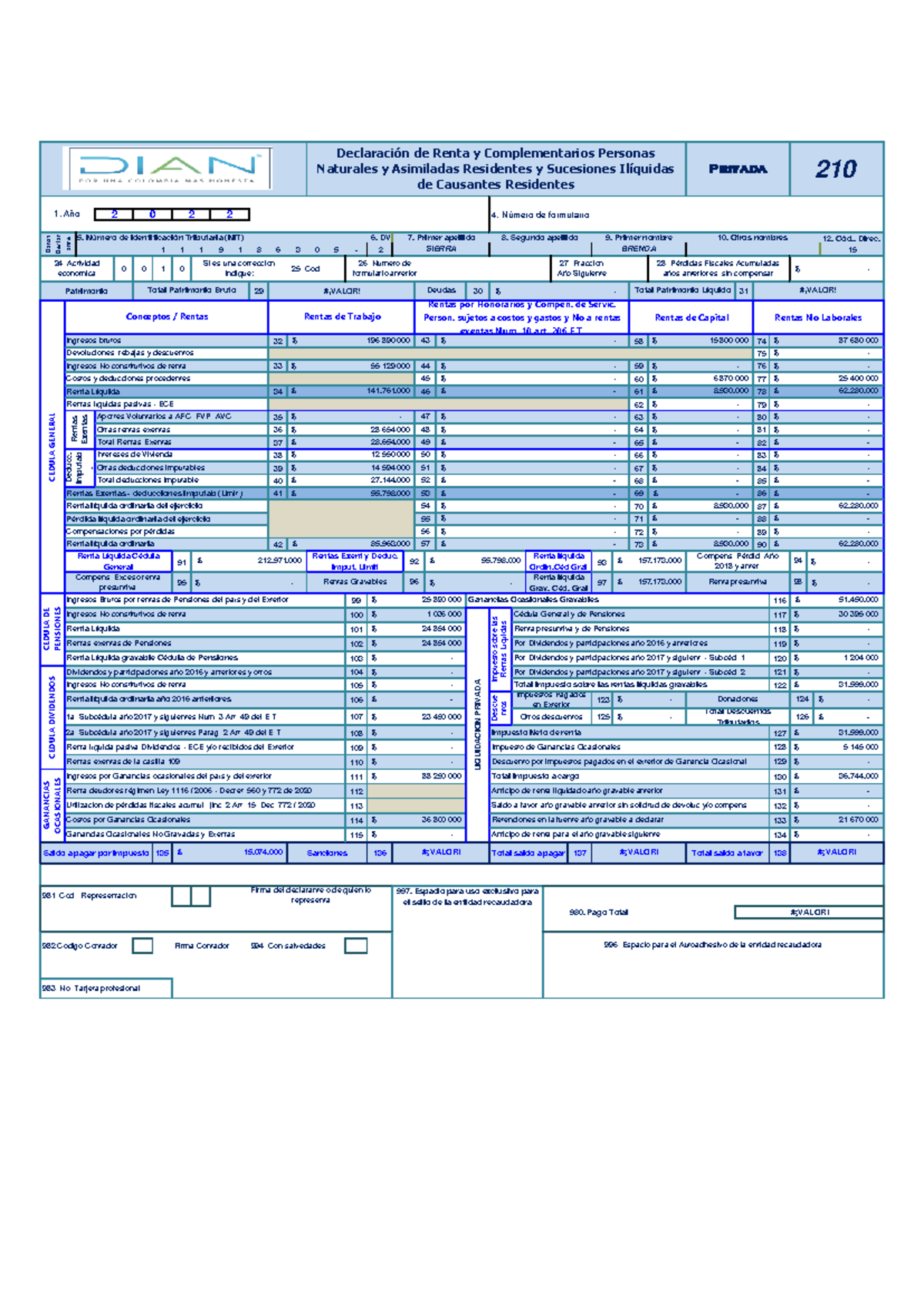 Borrador Formulario 210 - 4. Número de formulario 6. DV 1 1 1 9 1 8 6 3 0 5 - 2 15 0 0 1 0 29 31 ...