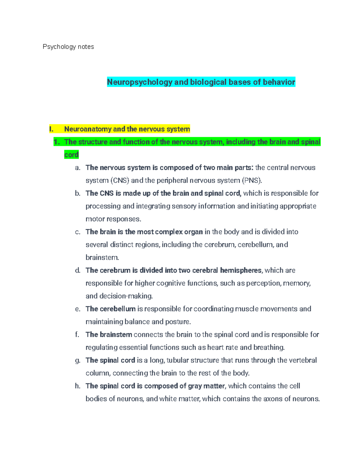 Psychology notes 3 - Psychology notes Neuropsychology and biological ...