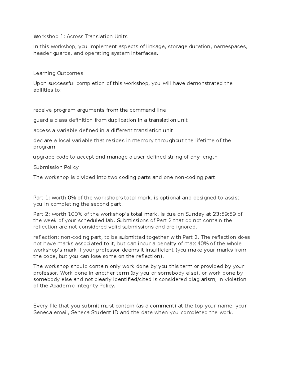 WS01-OOP345 - WS01 - Workshop 1: Across Translation Units In this workshop, you implement ...