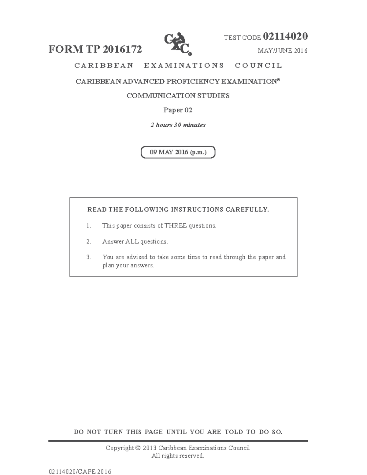 2016 P2 Module 1 - Past paper practice - TEST CODE 02114020 FORM TP ...