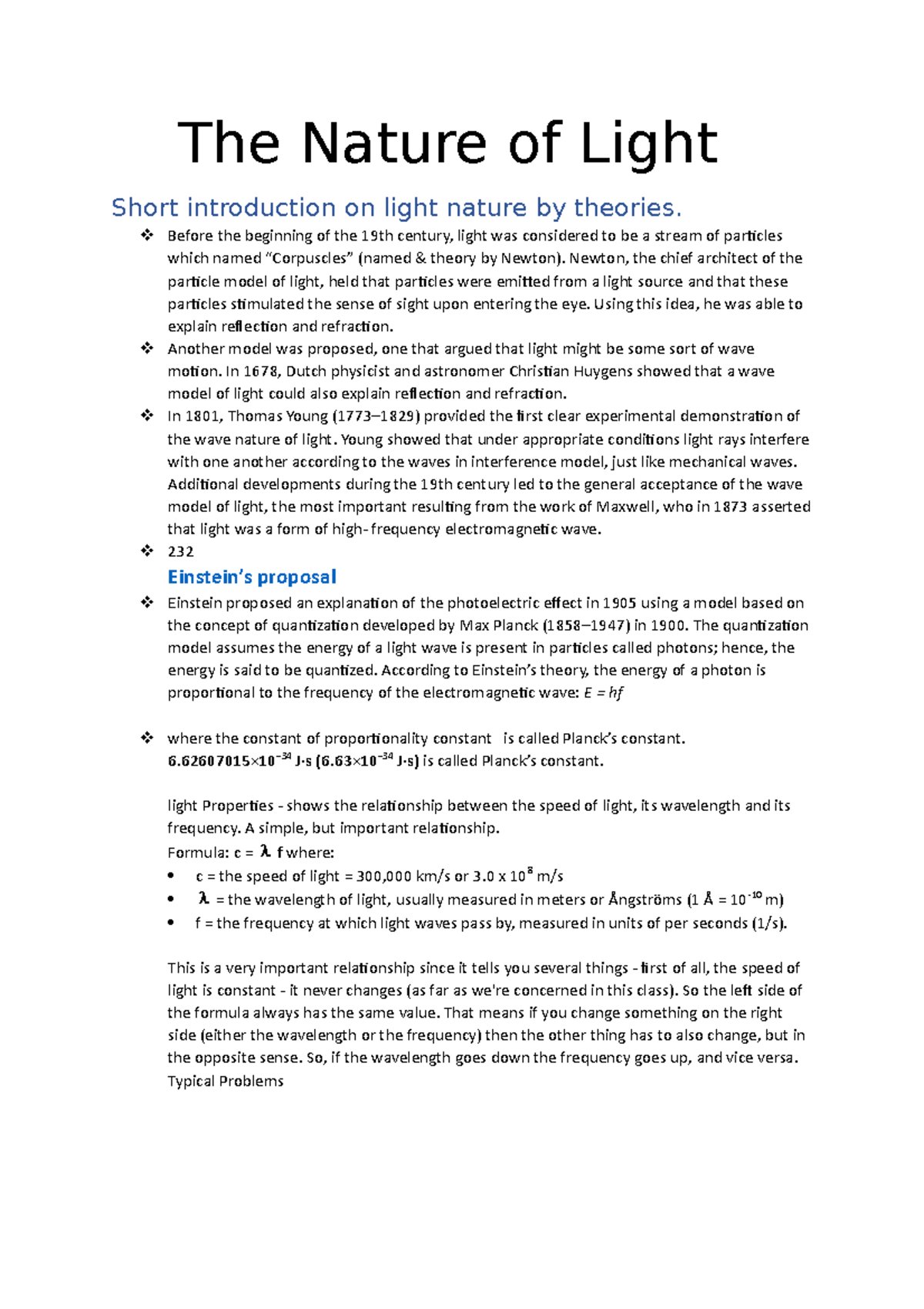 Optics Chapter noted - It`s a course note - The Nature of Light Short ...
