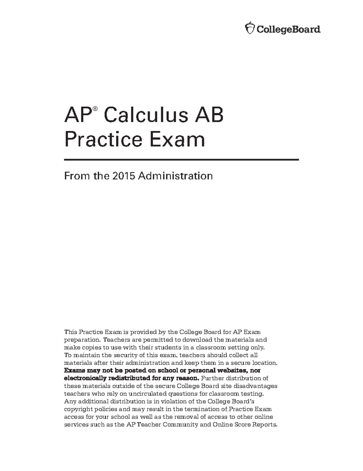 AP Calc AB 2015 - Ap ab paper - AP ® Calculus AB Practice Exam From the ...