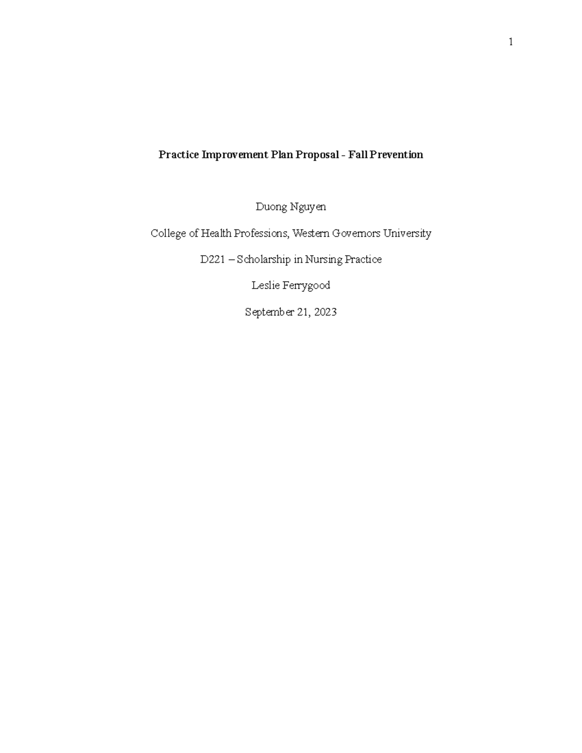 D221 paper - task 1 - Practice Improvement Plan Proposal - Fall ...