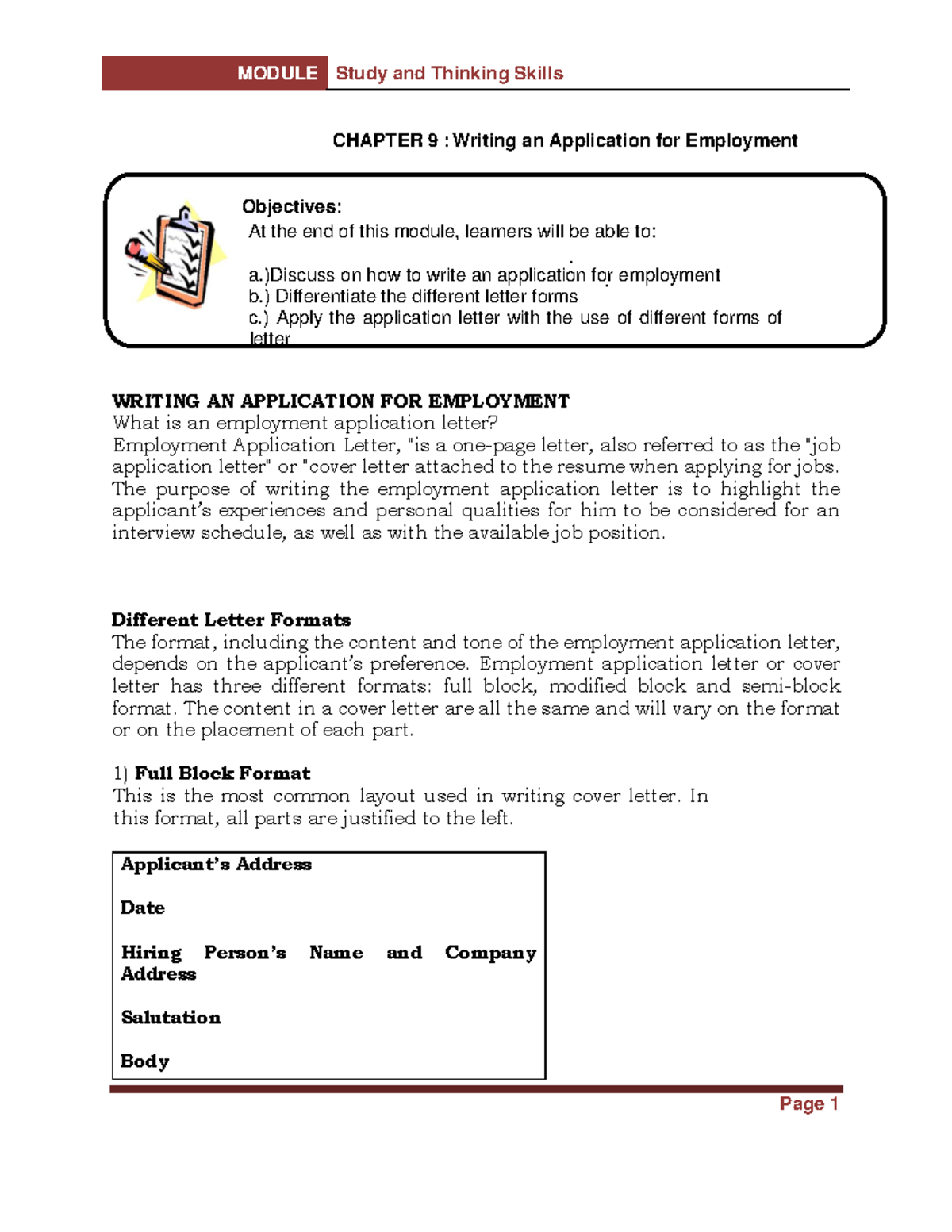 Chapter 9 Writing AN Application FOR Employment - WRITING AN ...