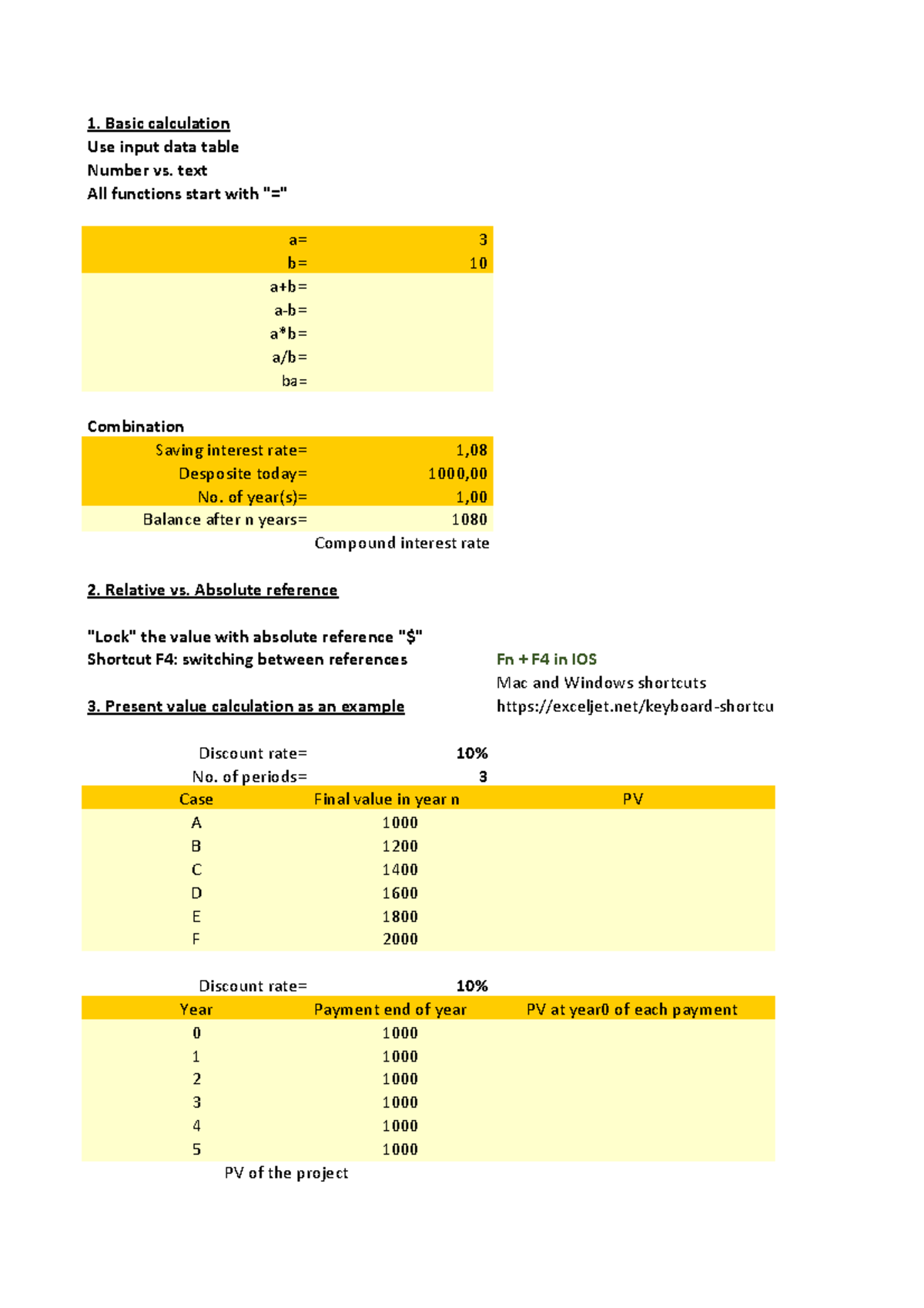 Excel functions and calculations.xlsx - Sheet 1 - 1. Basic calculation ...
