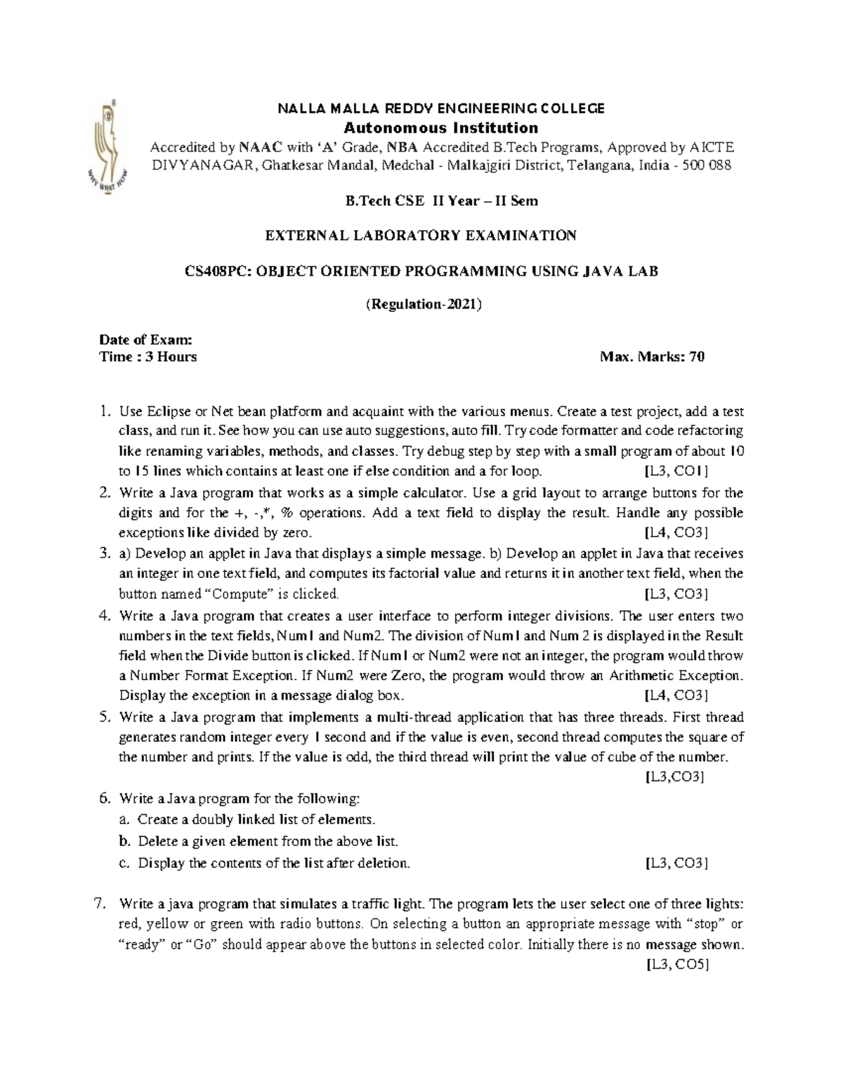 JAVA LAB - External QP - NALLA MALLA REDDY ENGINEERING COLLEGE Autonomous Institution Accredited ...