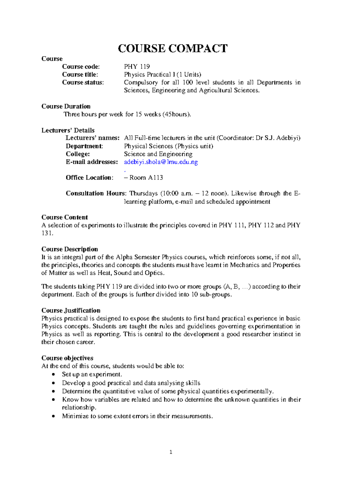 PHY 119 Course Compact 2018 2019 - COURSE COMPACT Course Course code ...