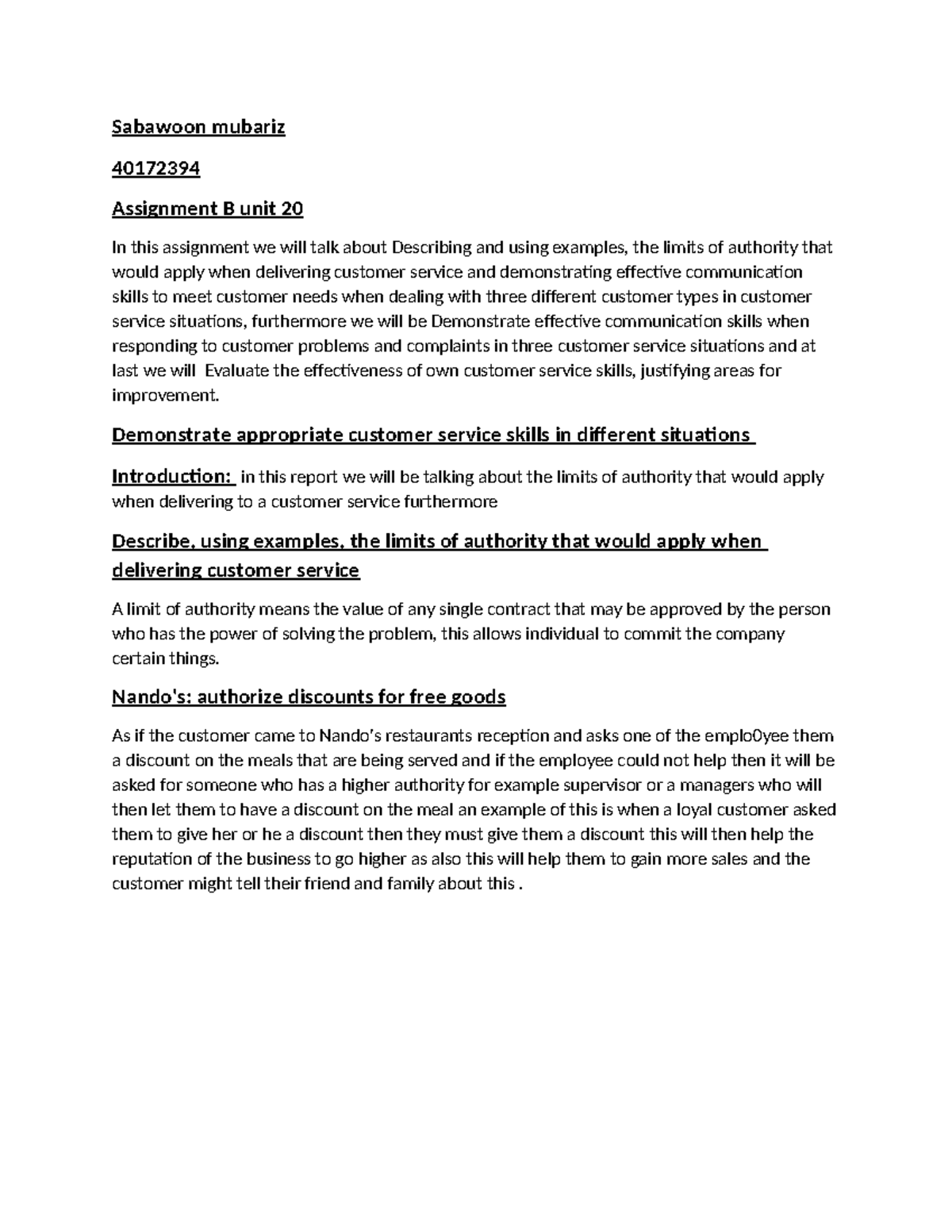 Unit 20 assignment B - Business - Sabawoon mubariz 40172394 Assignment B unit 20 In this ...