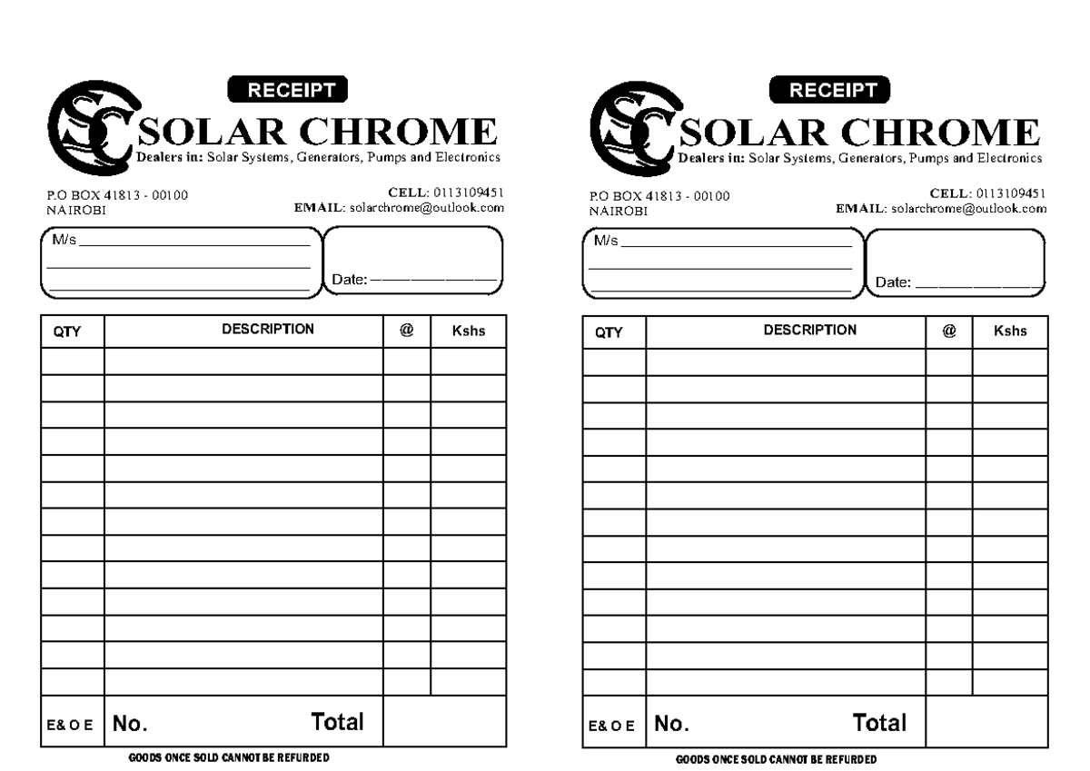 Solar Invoice - FVGATHJUFUBVB - QTY DESCRIPTION E& O E No. Total @ Kshs ...
