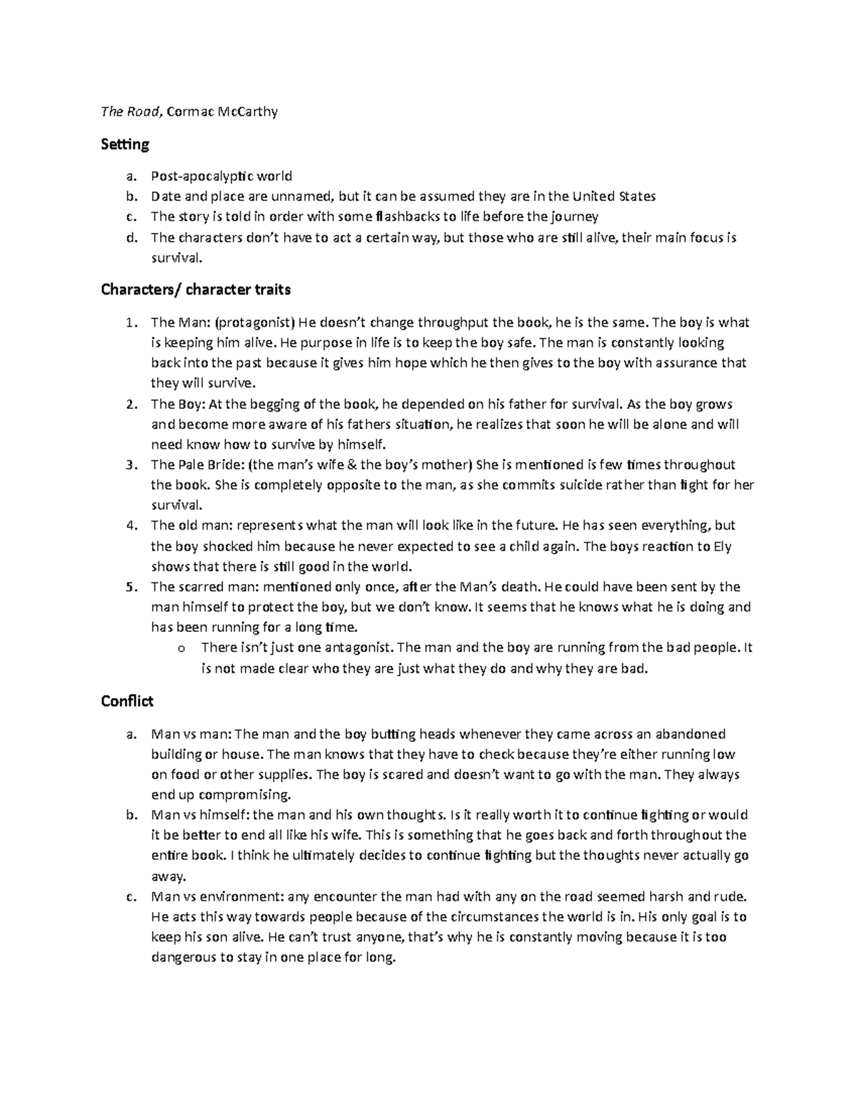 War fictional analysis done - The Road, Cormac McCarthy Setting a. Post ...