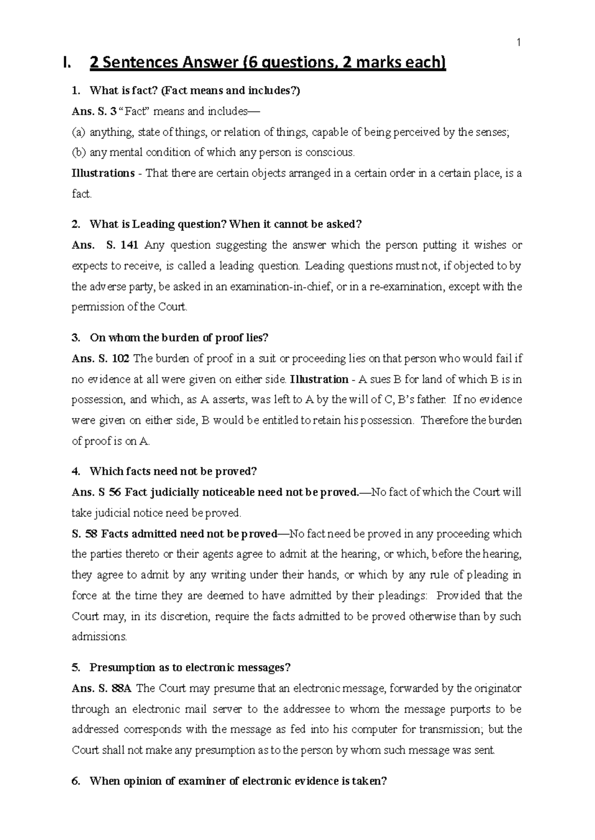 Evidence Notes-1 - last minute revision notes - I. 2 Sentences Answer ...
