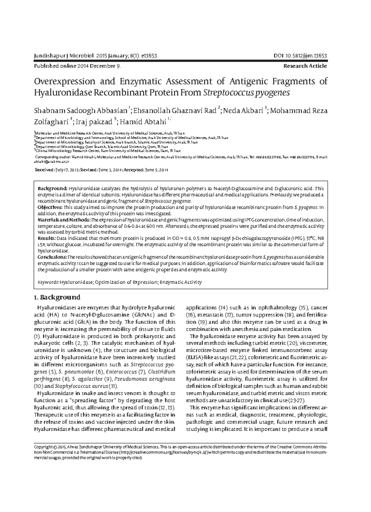 Antigenic Fragments of Hyaluronidase Recombinant - Jundishapur J ...