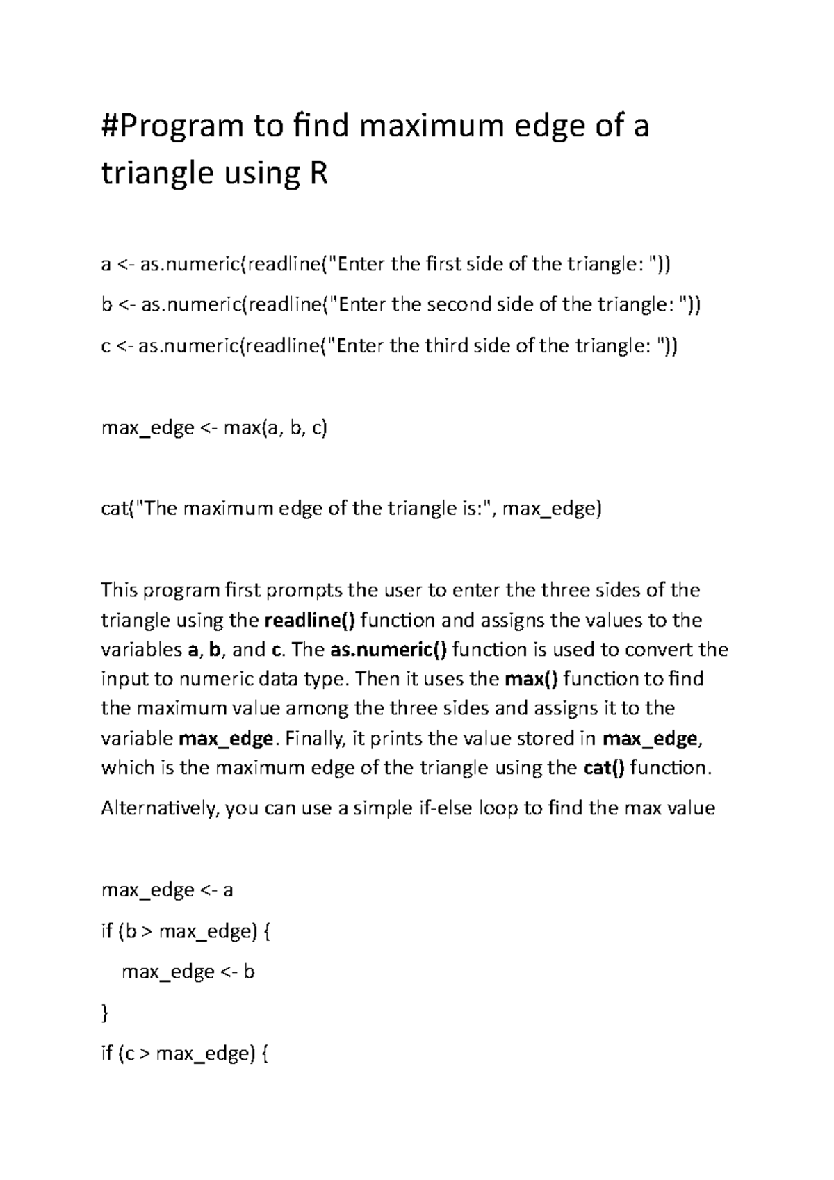 Maximum edge of a triangle - R - #Program to find maximum edge of a ...