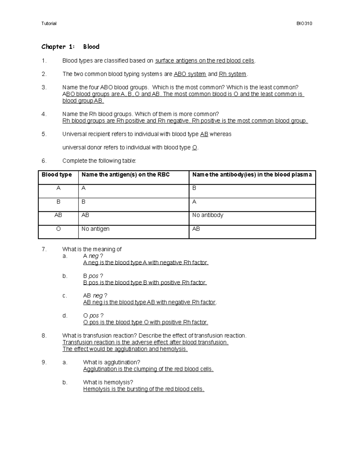 Tutorial - Chapter 1 - Blood - Tutorial BIO Chapter 1: Blood Blood ...