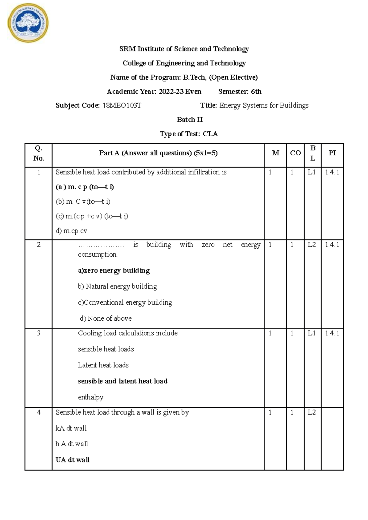Ct1 Qp Key Abc Srm Institute Of Science And Technology College Of Engineering And Technology