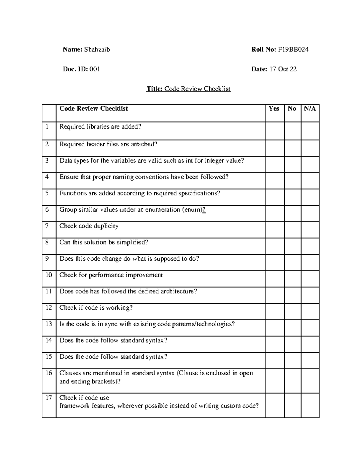 Code Review - Name: Shahzaib Roll No: F19BB Doc. ID: 001 Date: 17 Oct ...